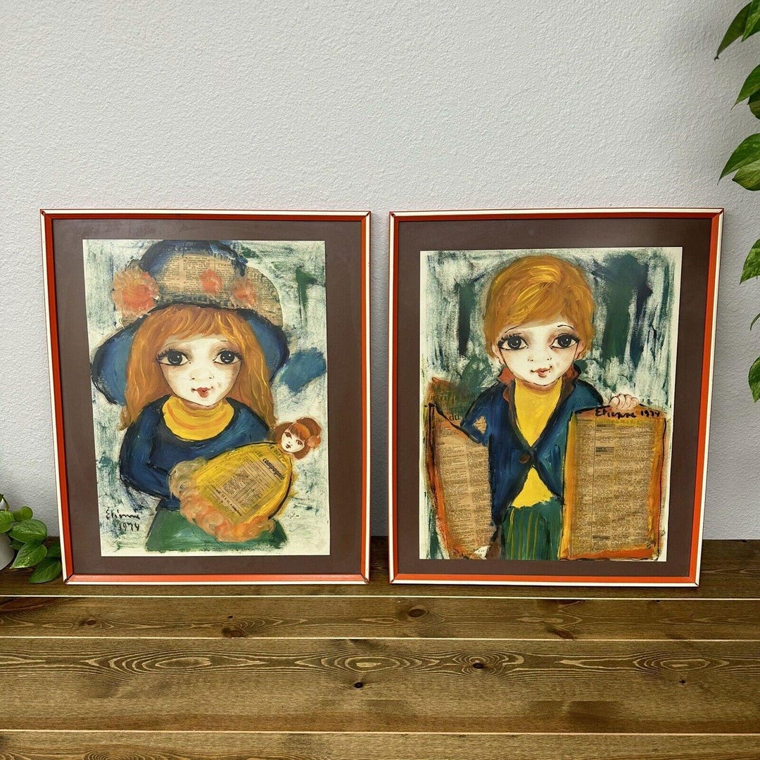 Vintage 1974 ROGER ETIENNE Big Eyes Boy & Girl Framed Mixed Media Art ...