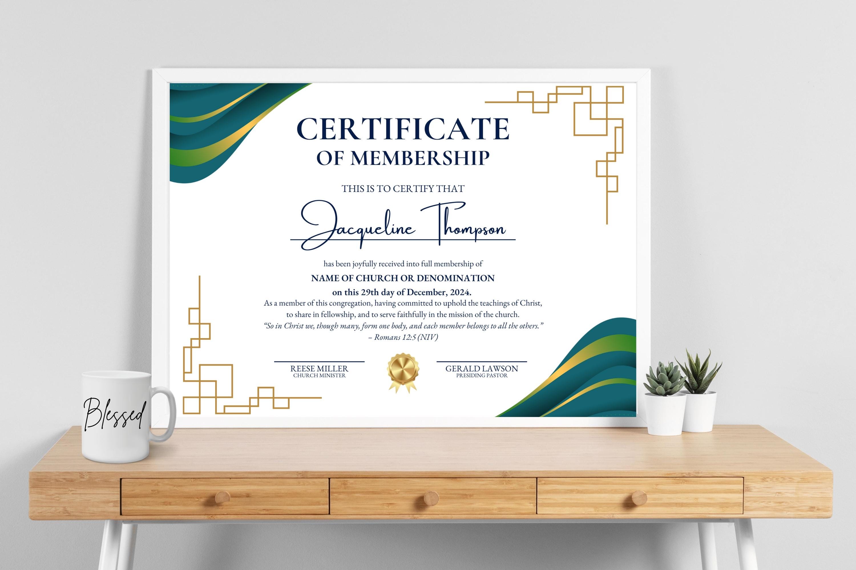 Editable Church Membership Certificate Template: Teal and Gold (canva ...