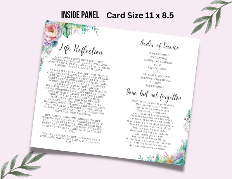 Floral Memorial Foldable Card Template, 4-page Editable Memorial ...