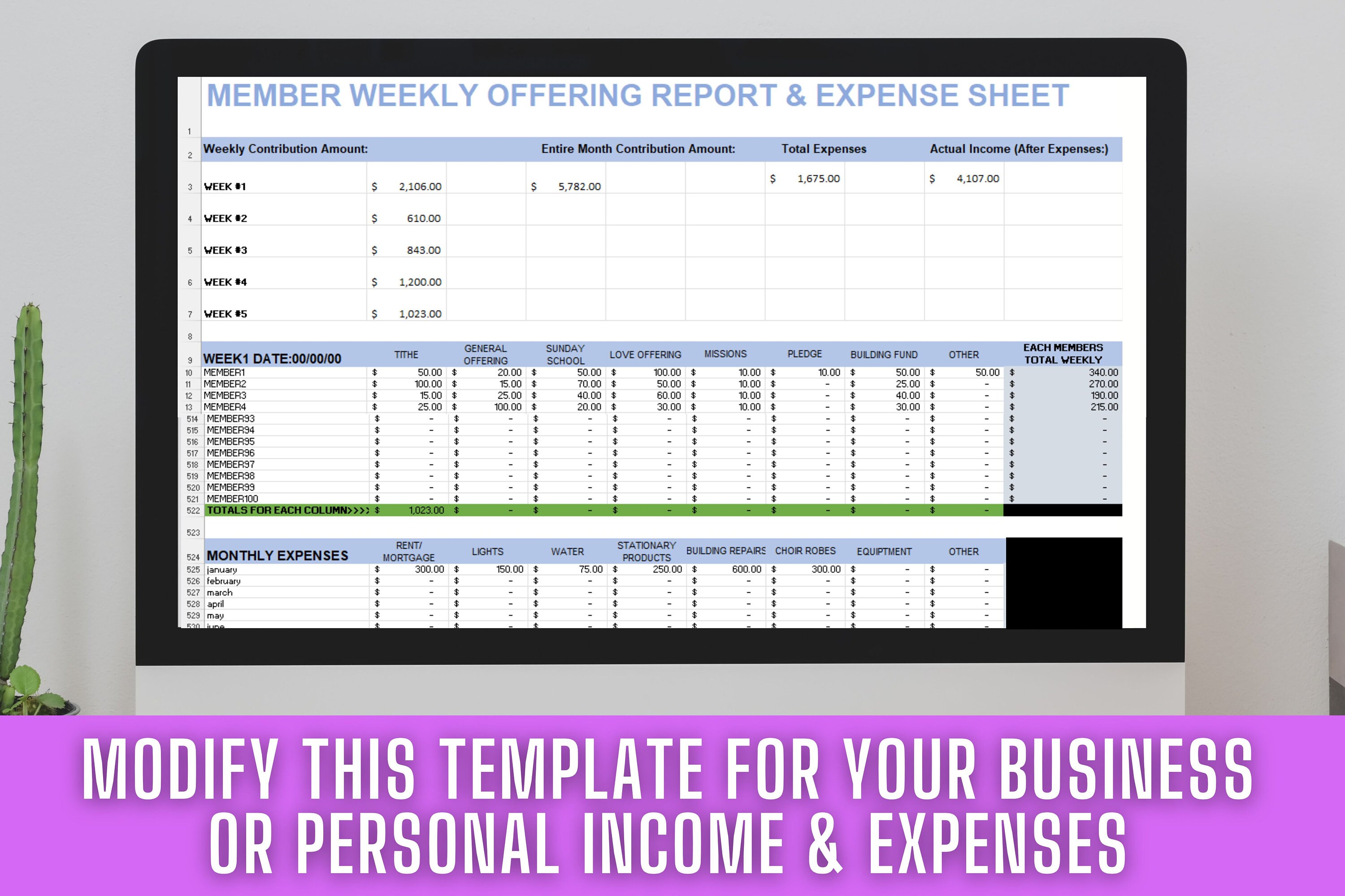Church Finance Tracker: Weekly Contribution & Expense Spreadsheet ...