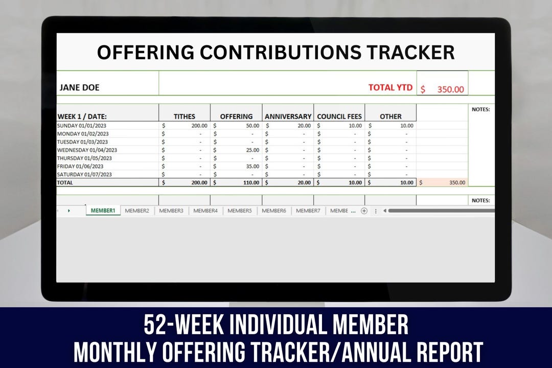 Church Bookkeeping Excel Template: 52-week Individual Member ...