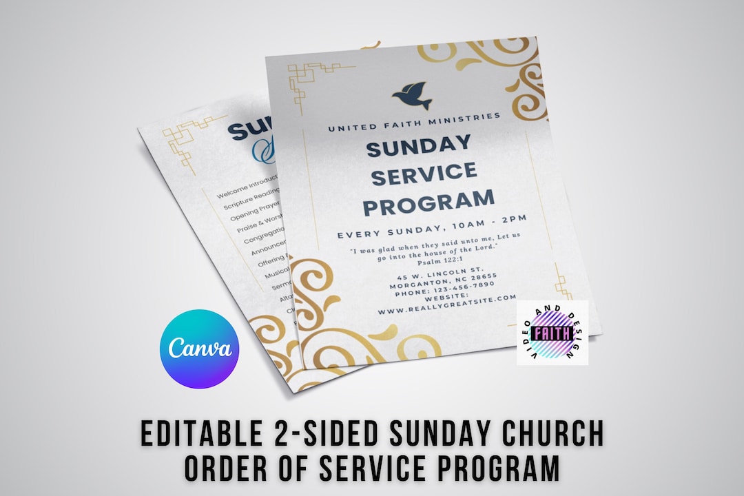 Elegant Church Program Template: Gold & Blue Sunday Service (canva ...