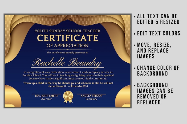 Sunday School Certificate of Appreciation | Gold Blue Purple (instant ...