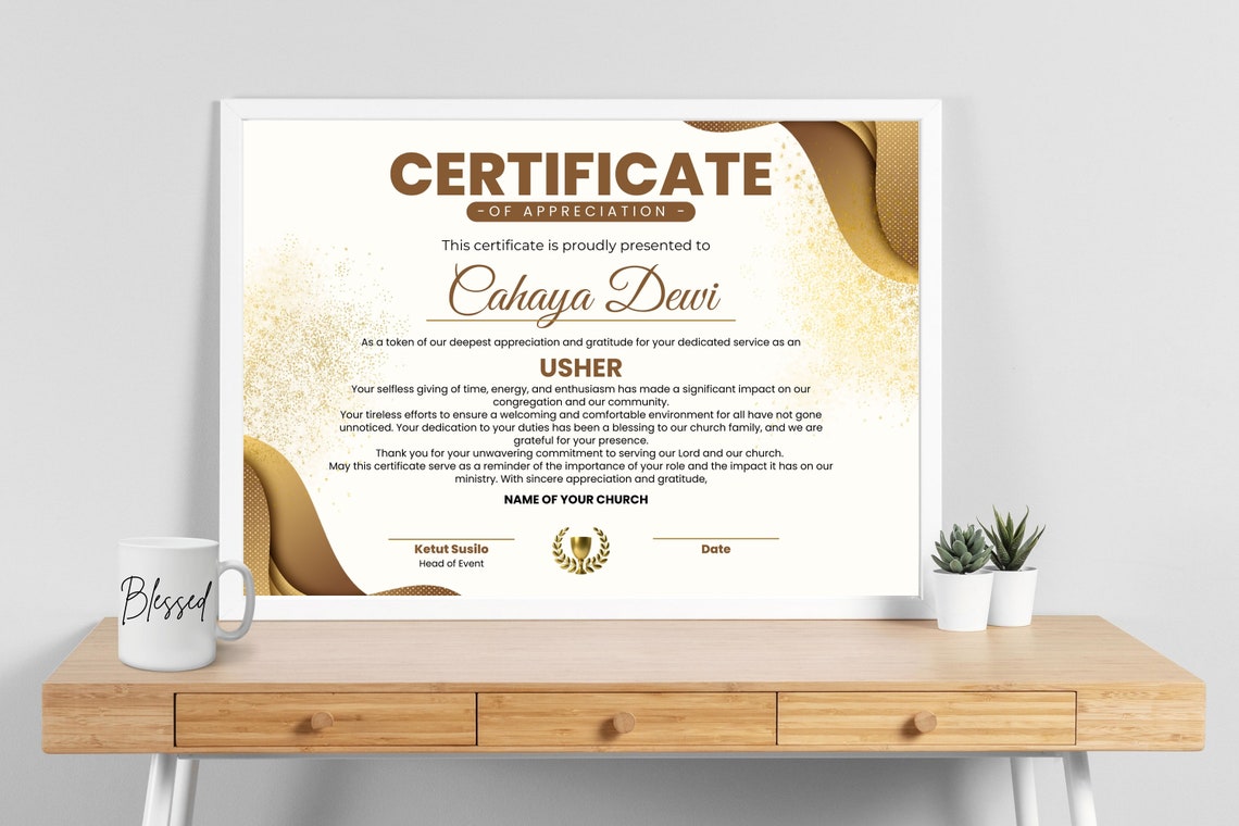Customizable Usher Appreciation Certificate Church Recognition Award ...