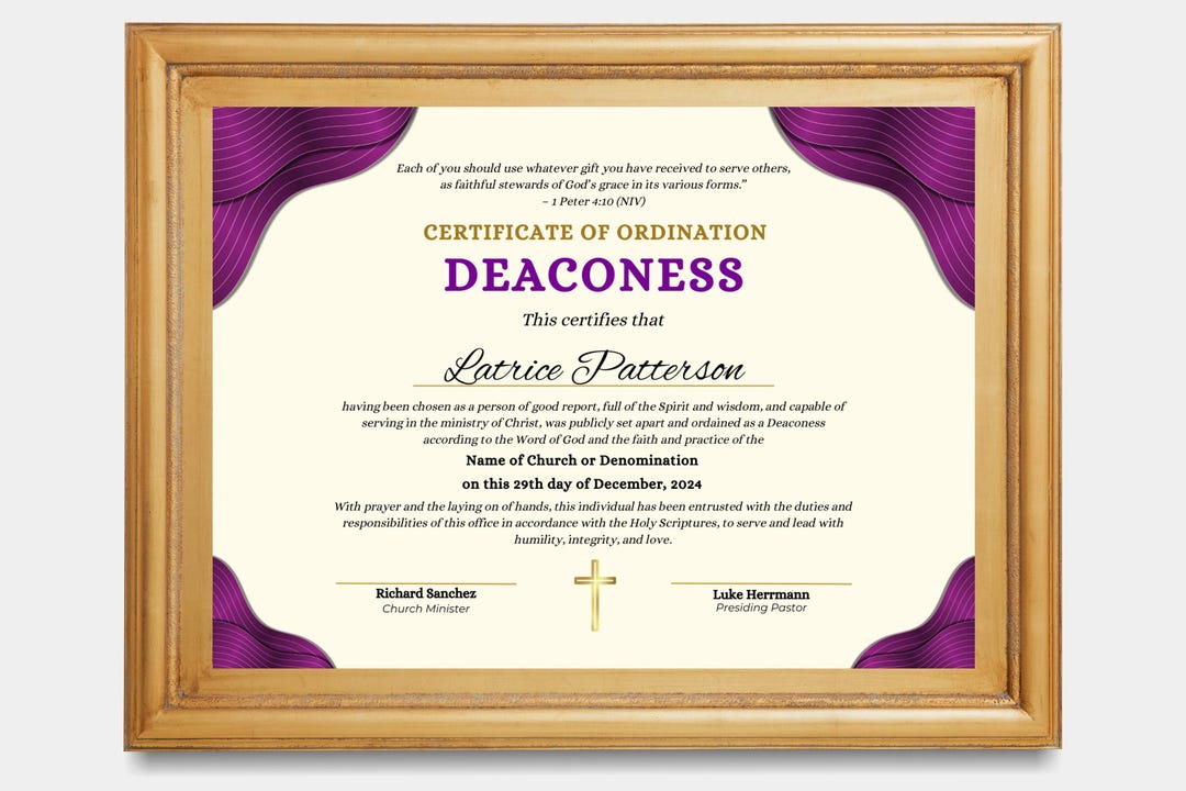 Deaconess Ordination Certificate Template: Purple & Gold (printable ...