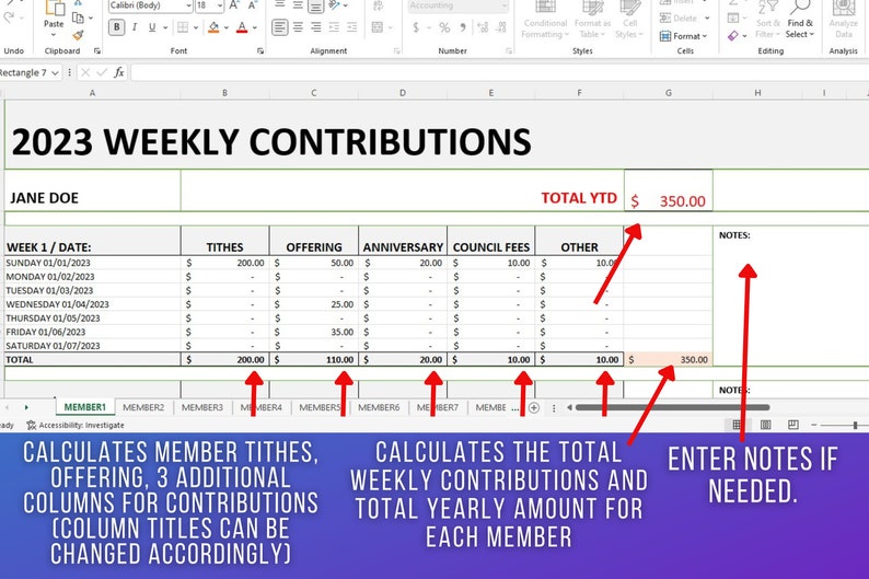 Church Bookkeeping Excel Template: 52-week Member Contribution Tracker ...