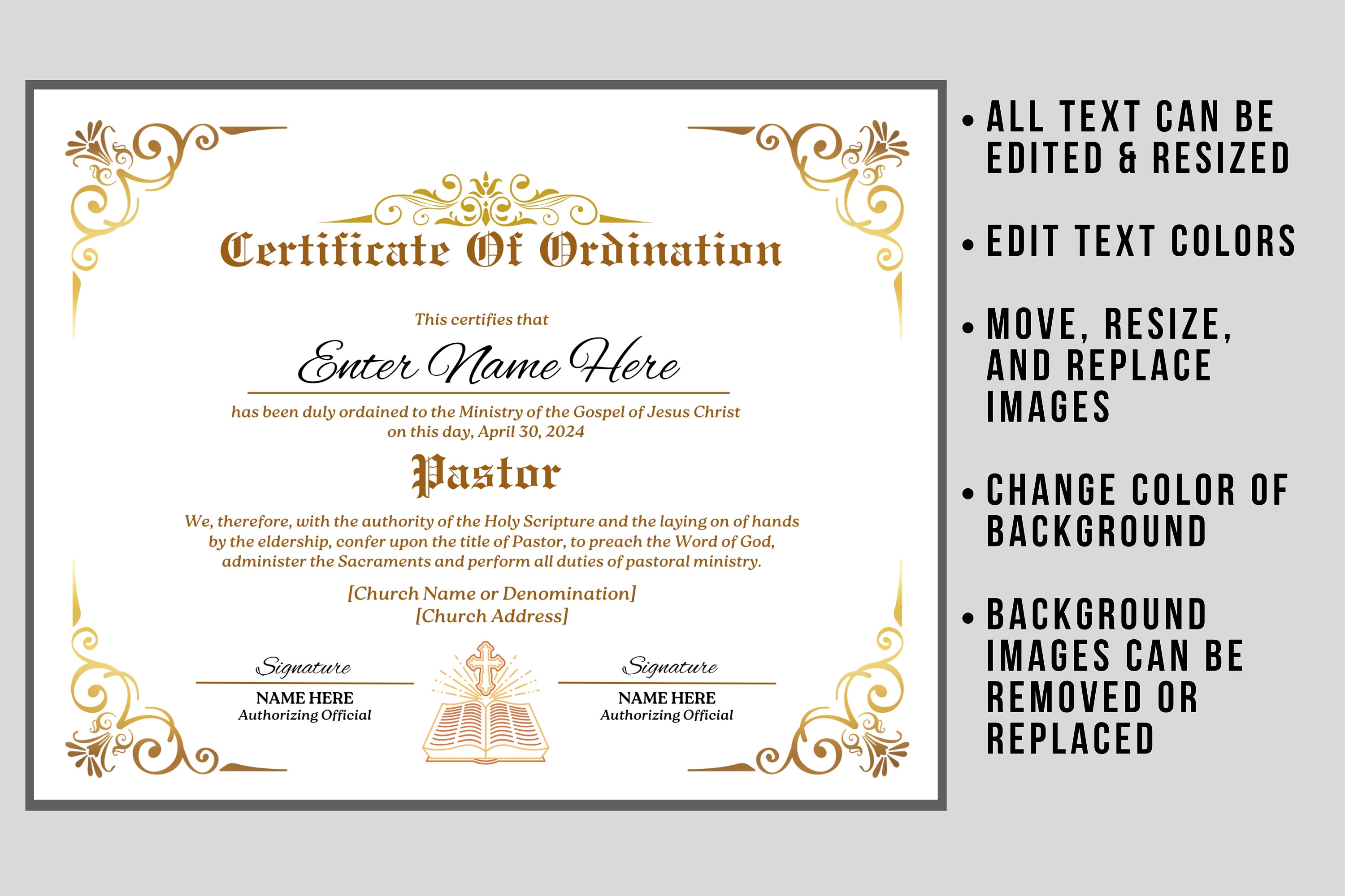 Editable Pastor Ordination Certificate Template (digital Download) - Etsy