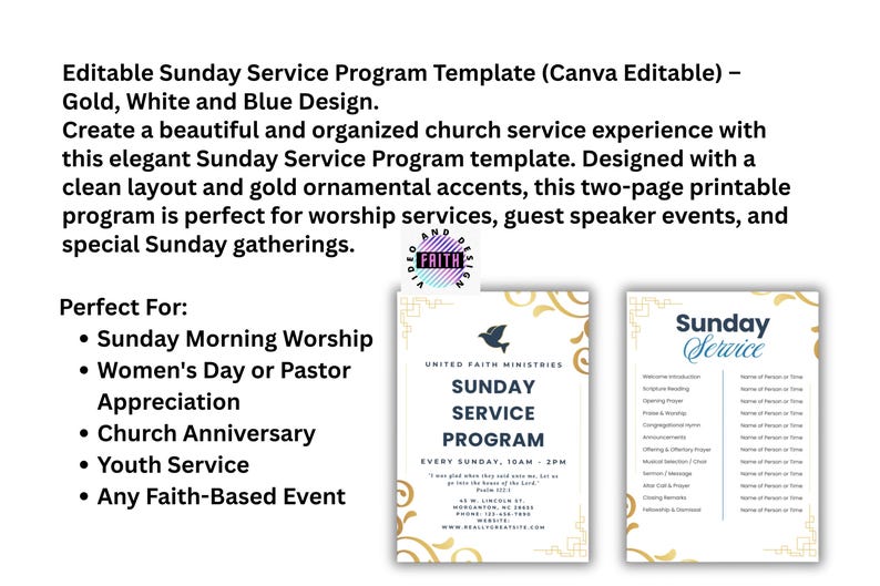 Elegant Church Program Template: Gold & Blue Sunday Service (canva ...