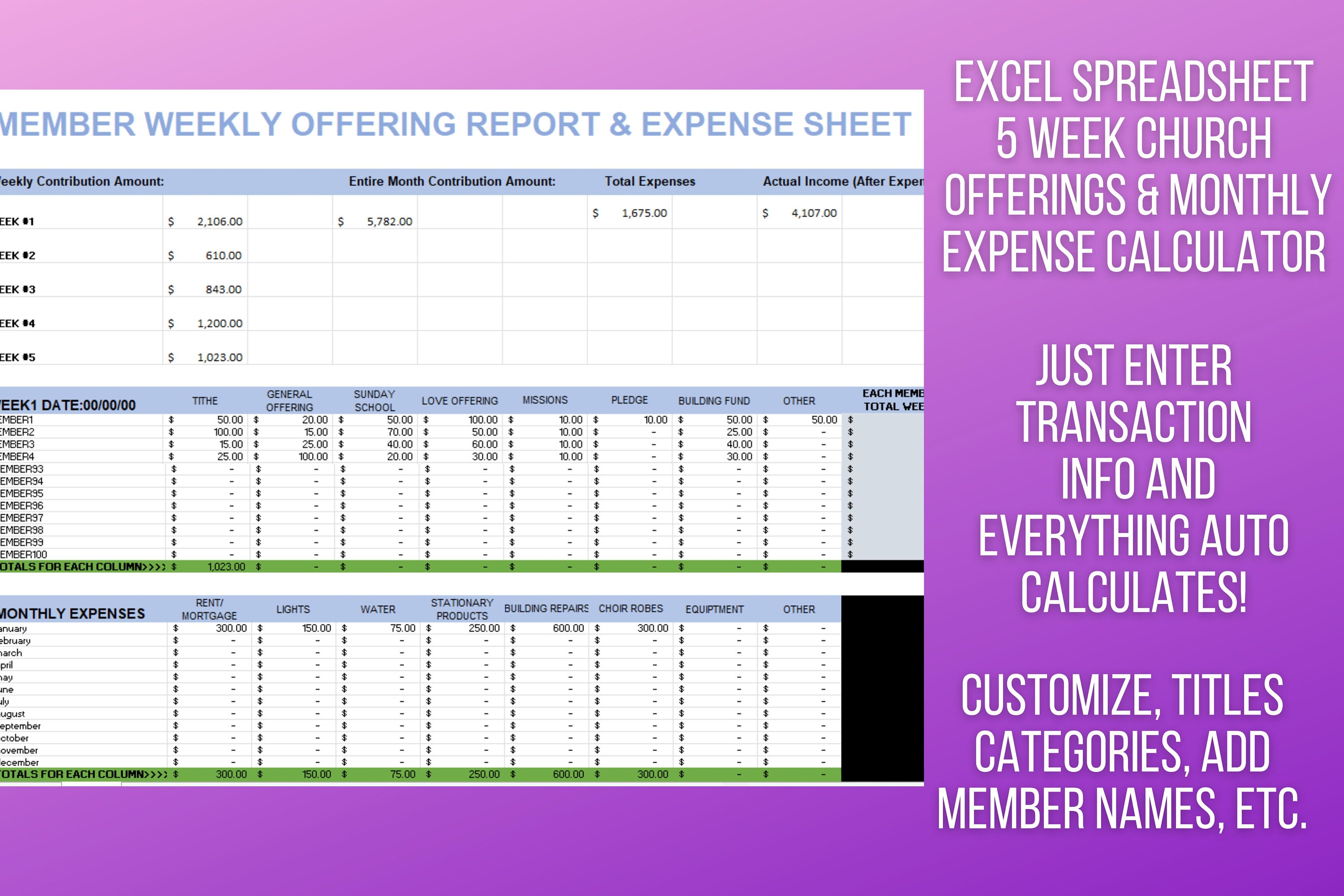 Church Finance Tracker: Weekly Contribution & Expense Spreadsheet ...