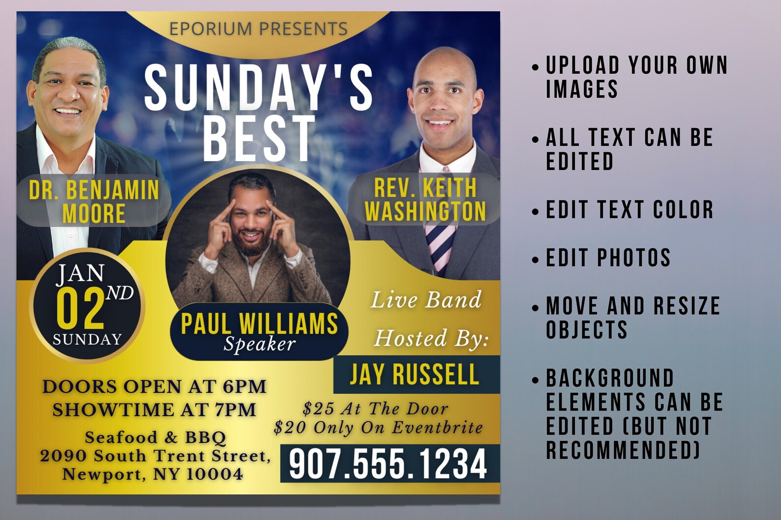 Church Flyer Template, Church Flyer for Social Media, Gold and Blue ...