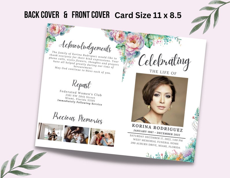 Floral Memorial Foldable Card Template, 4-page Editable Memorial ...