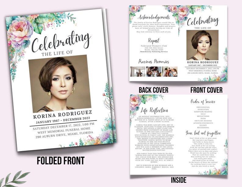 Floral Memorial Foldable Card Template, 4-page Editable Memorial ...