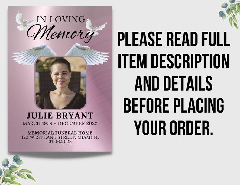 Wings Memorial Foldable Card Template, 4-page Editable Memorial Service ...