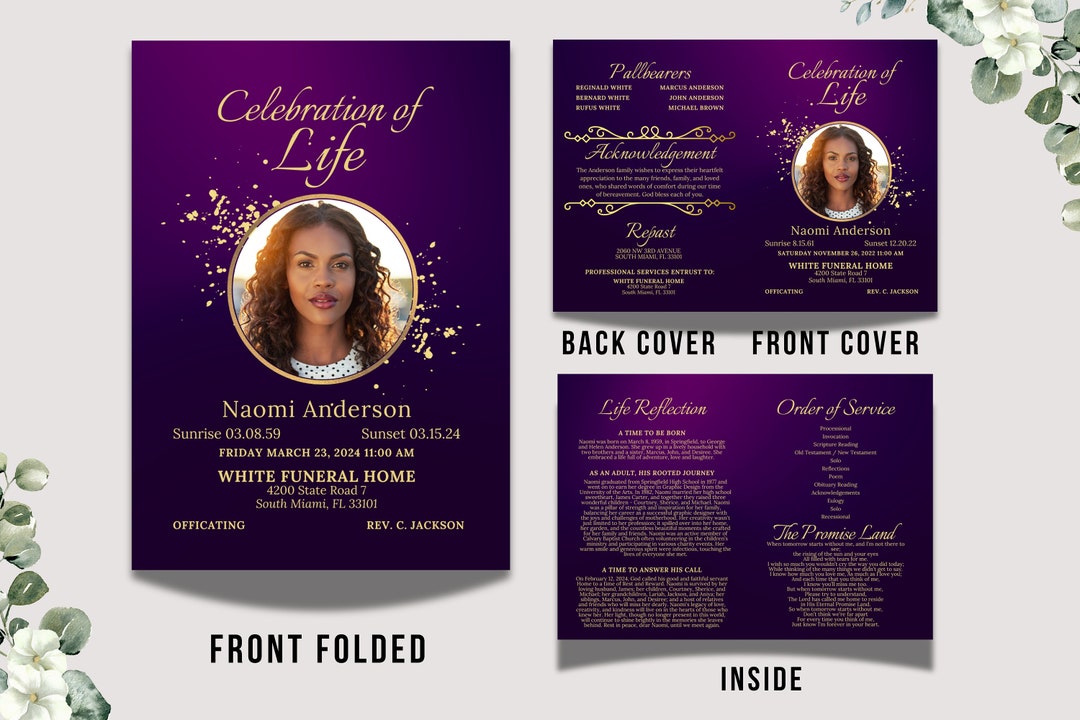 Purple and Gold Obituary Template | 4-page Customizable Funeral Program ...