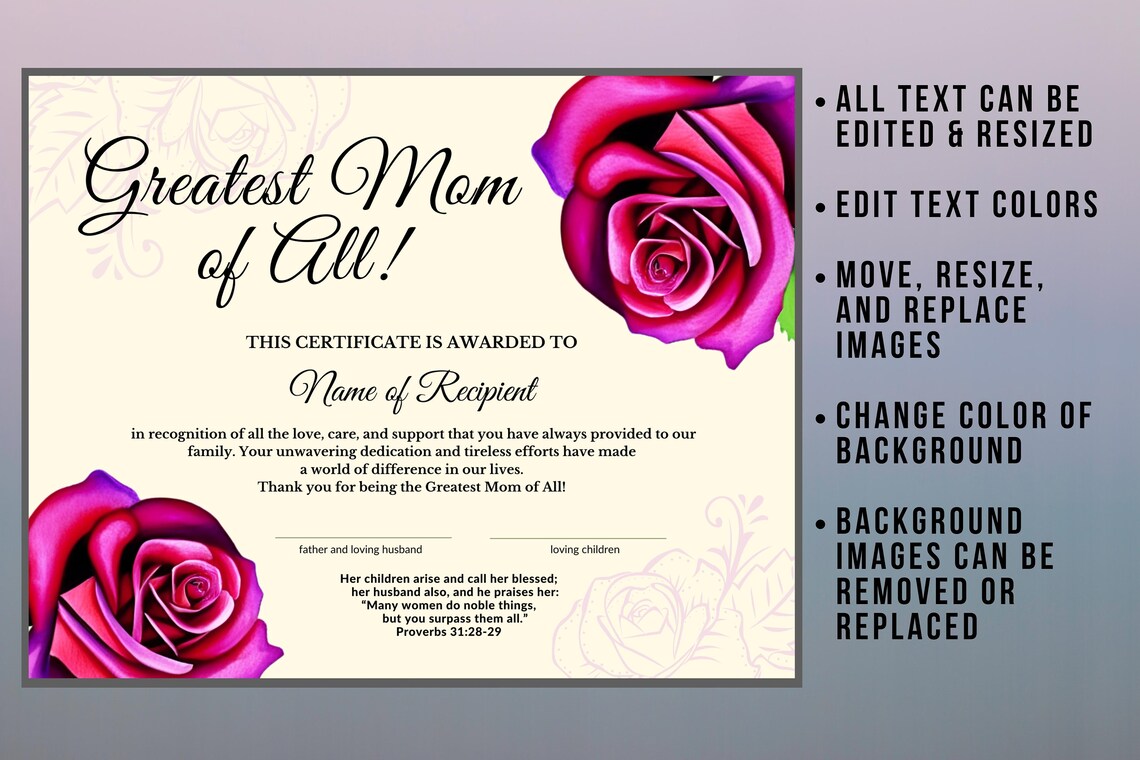 Printable Greatest Mom Certificate of Recognition, Mother's Day Gift ...