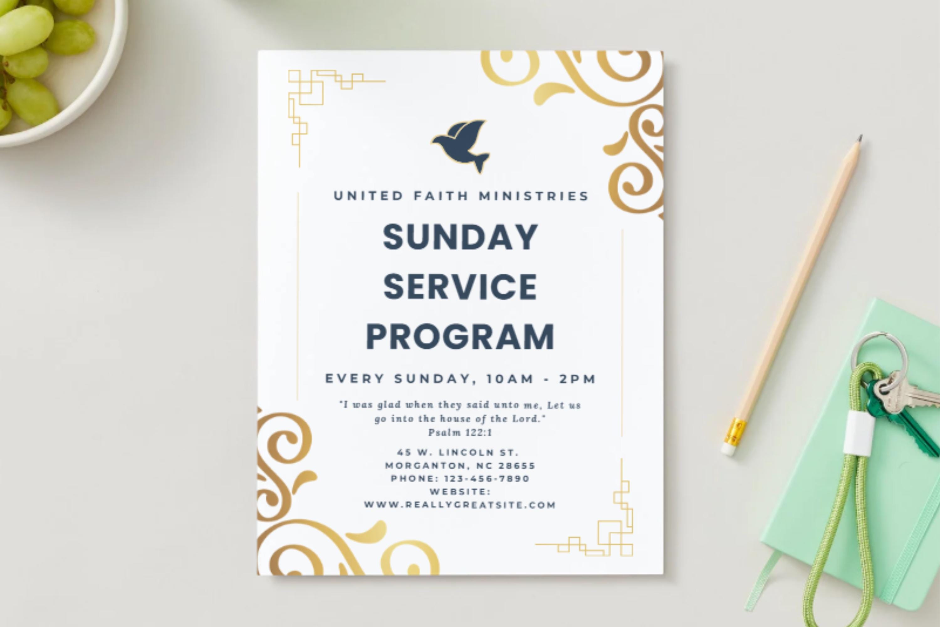 Elegant Church Program Template: Gold & Blue Sunday Service (canva ...