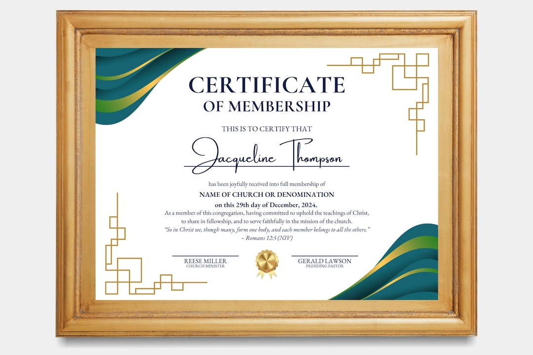 Editable Church Membership Certificate Template: Teal and Gold (canva ...