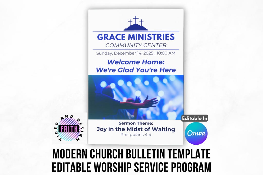 Modern Church Bulletin Template | Blue Worship Service Program (canva ...
