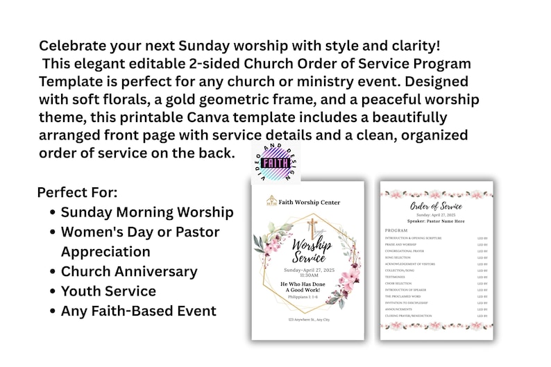 Floral Church Program Template: 2-sided Order of Service (canva ...