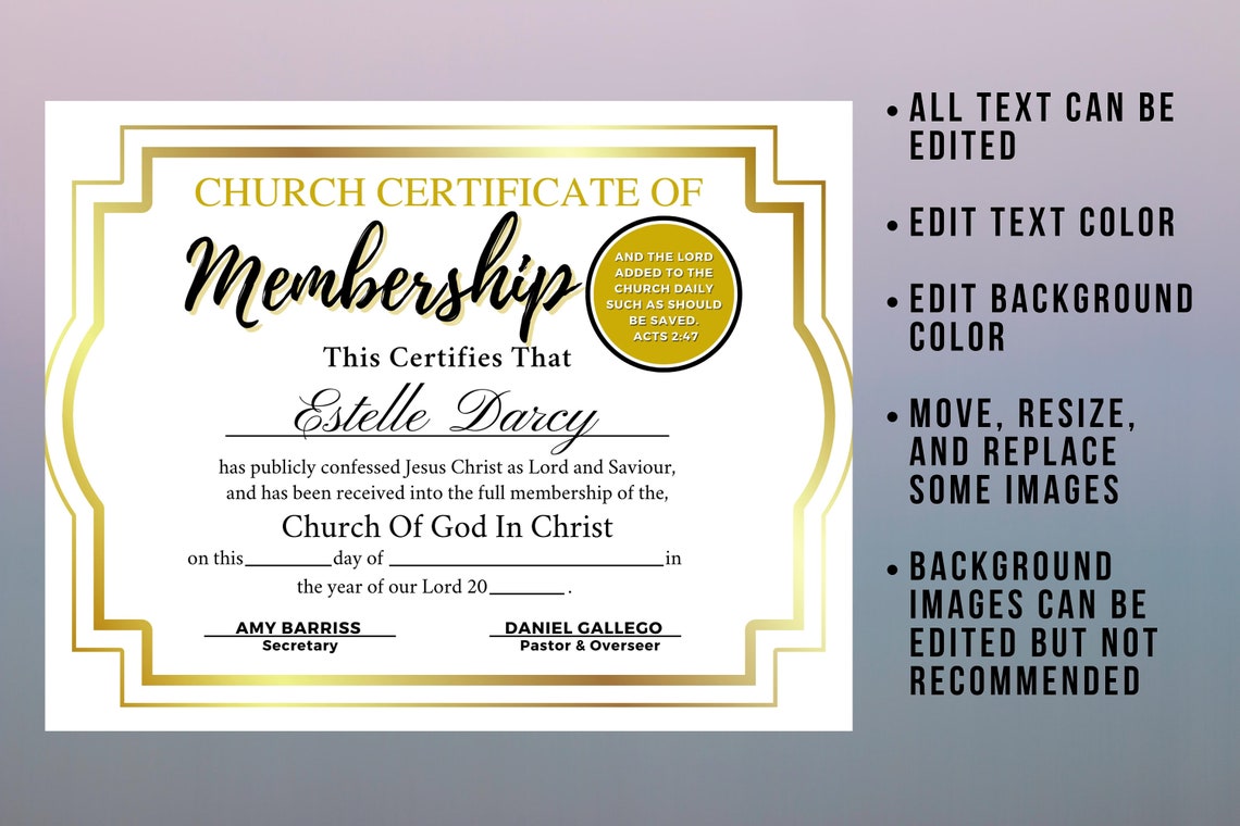 Editable Church Membership Certificate Template (canva) - Etsy