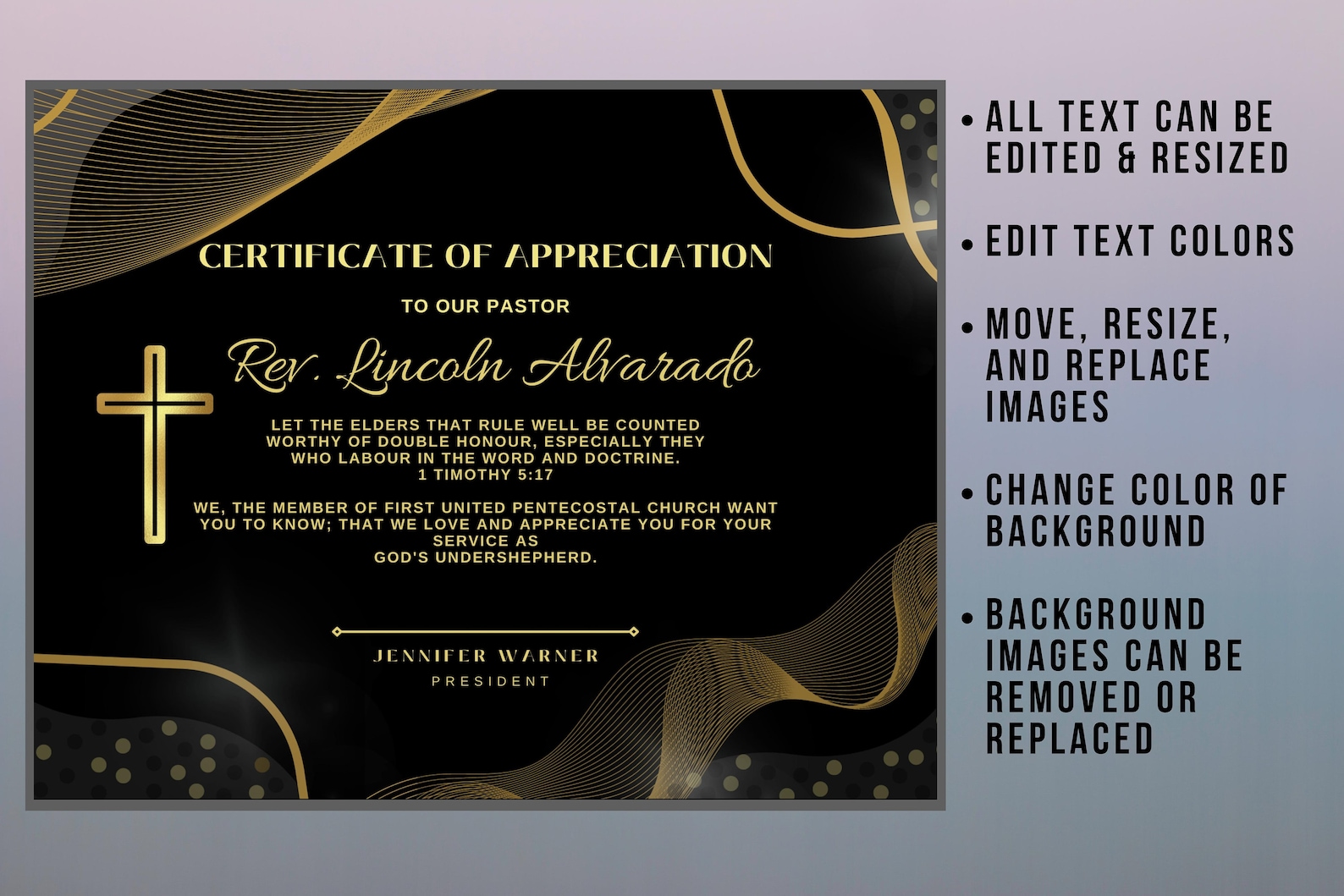 Elegant Church Certificate of Appreciation Award Template, Editable ...