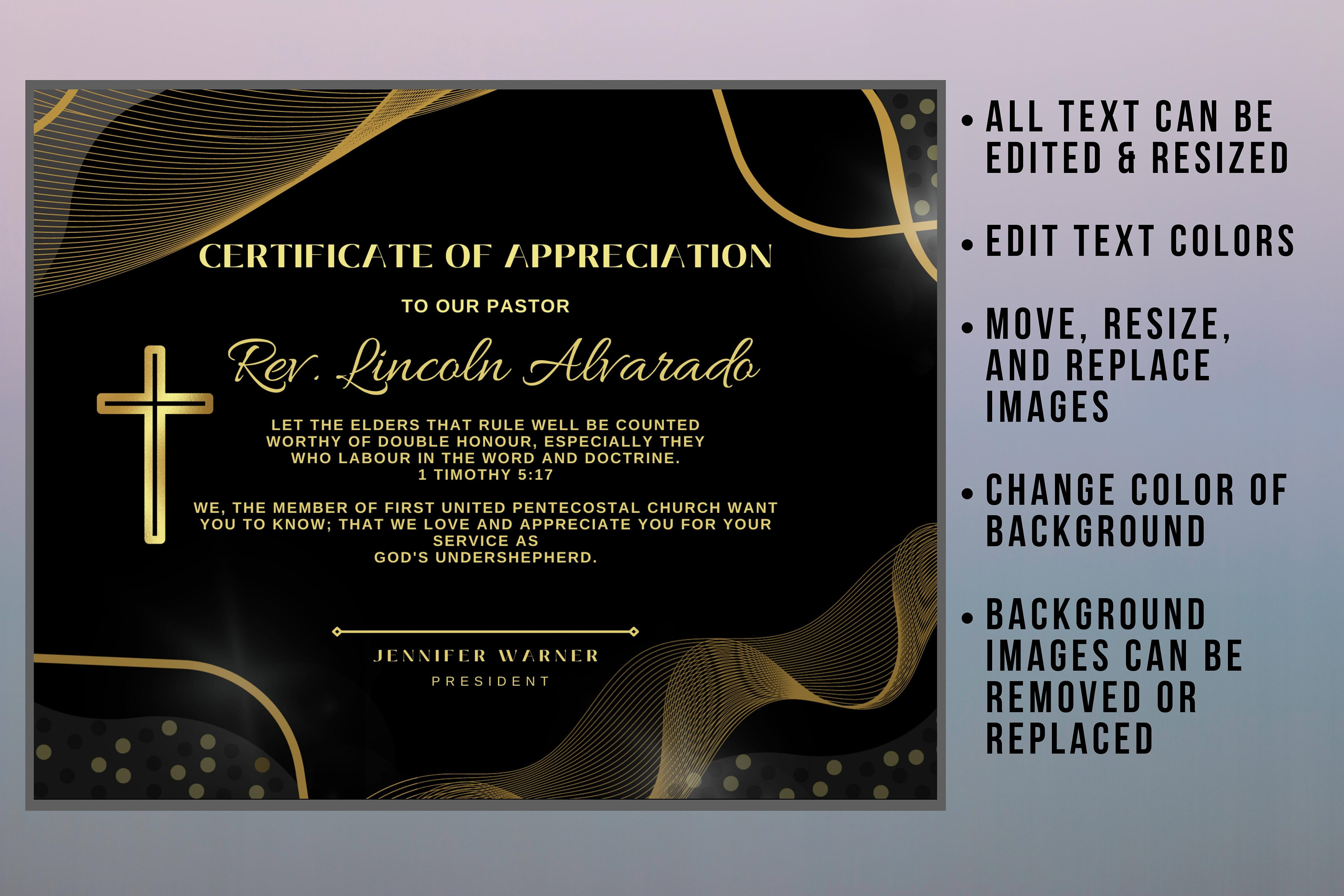 Elegant Church Certificate of Appreciation Award Template, Editable ...