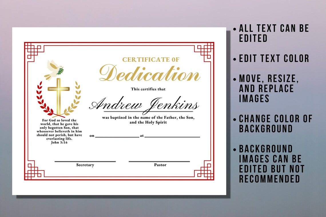 Editable Dedication Baptismal Certificate Template With Sample Wording ...