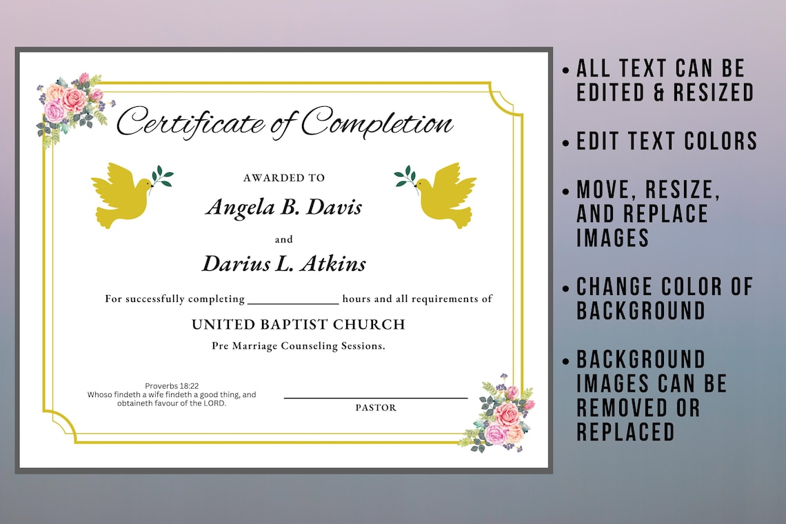 Editable Premarital Counseling Certificate of Completion, Pre Marriage ...