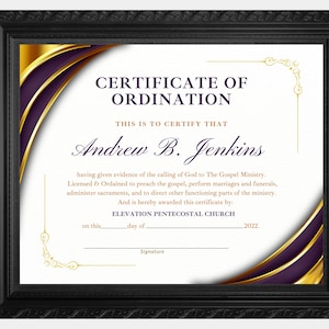 Editable Ordination Certificate Template: Pastor, Bishop, Elder (canva ...