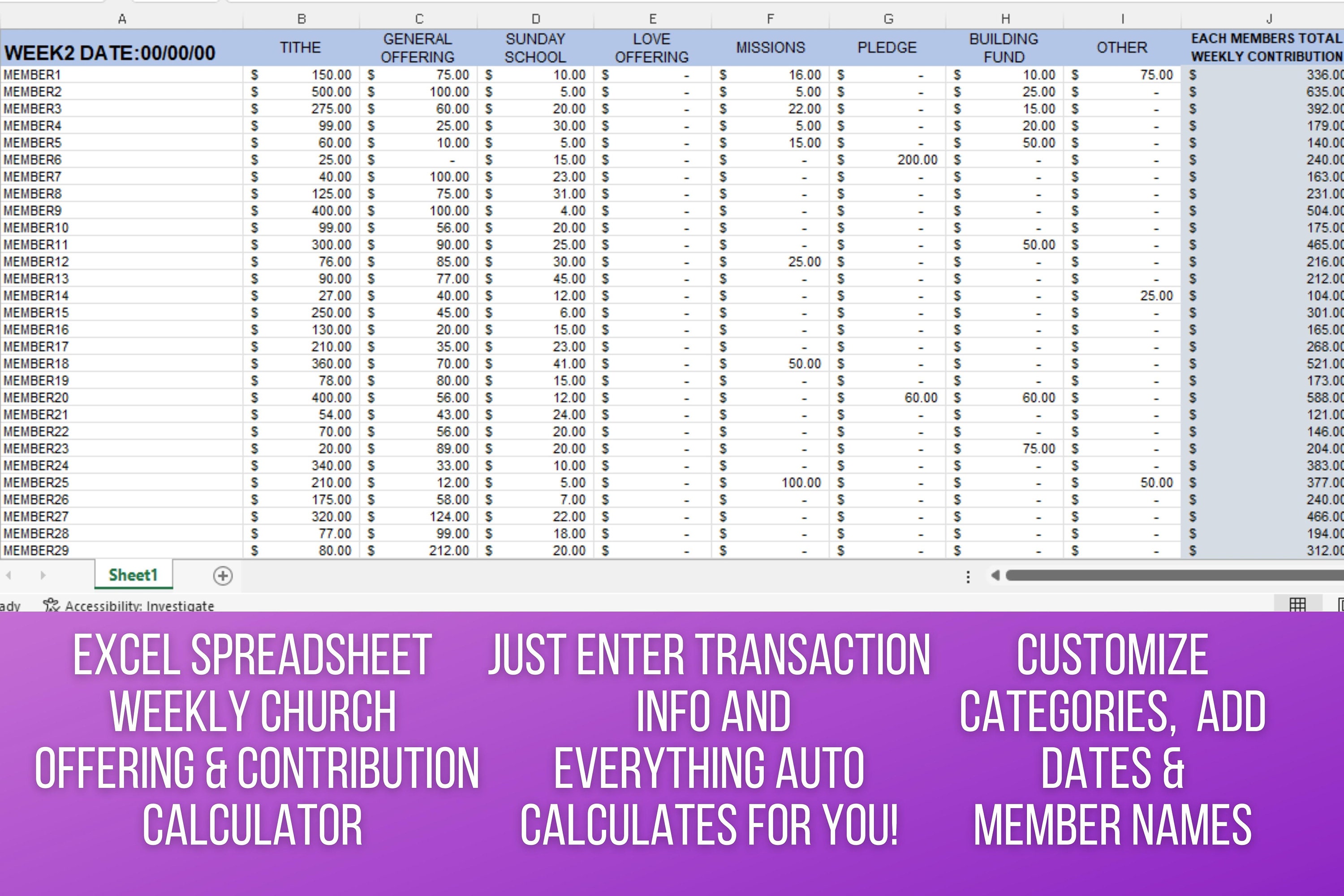 Church Offering Tracker: Weekly Contribution Excel Template (digital ...