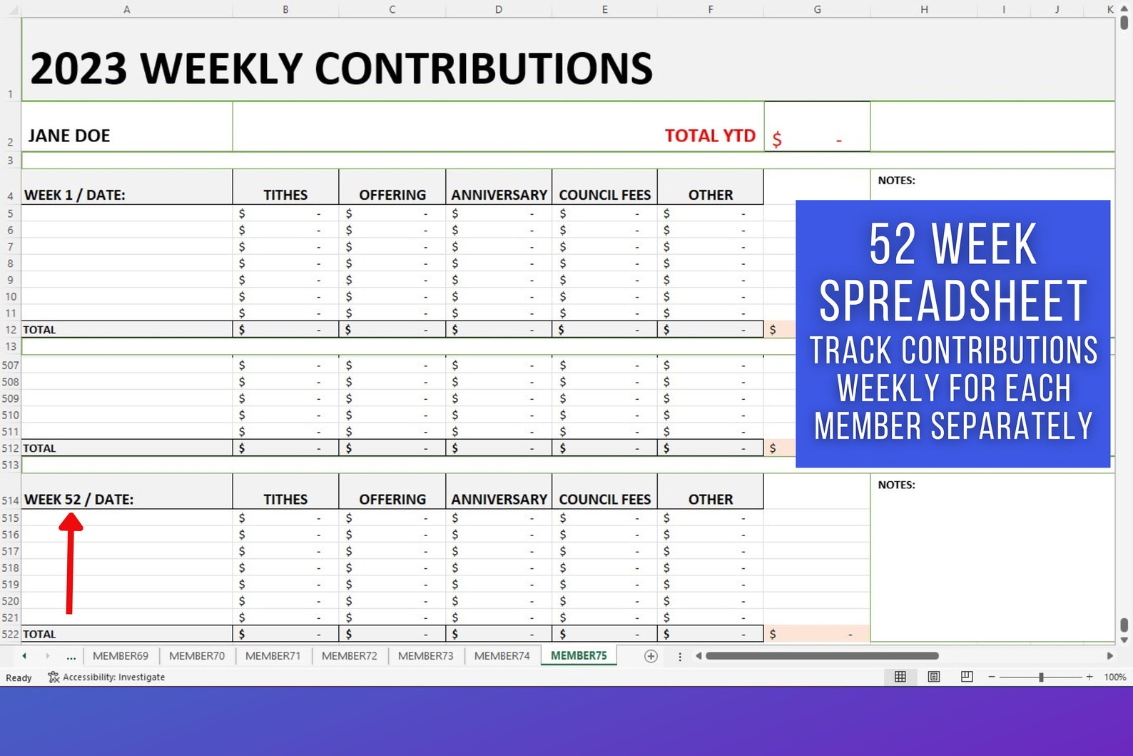 Church Bookkeeping Excel Template: 52-week Member Contribution Tracker ...