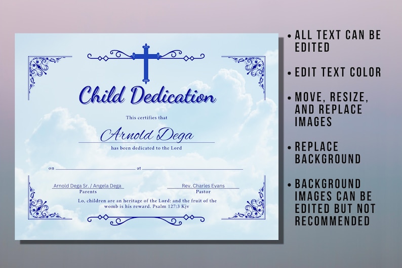 Editable Child Dedication Certificate Template With Sample Wording and ...