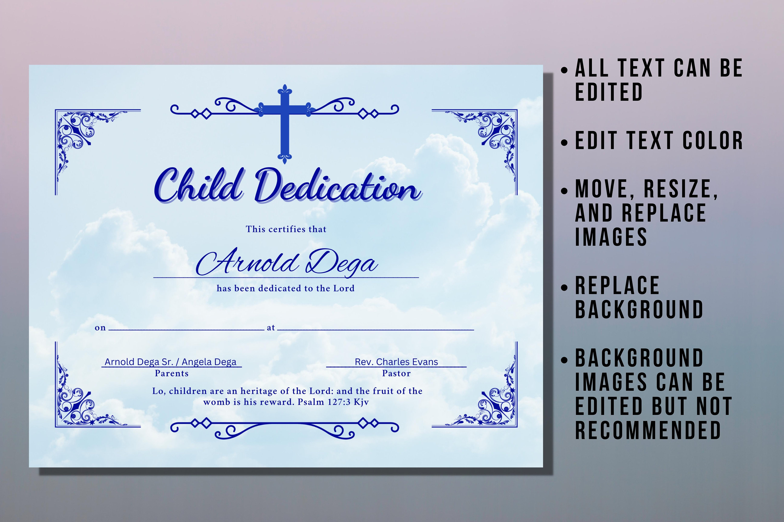 Editable Child Dedication Certificate Template With Sample Wording and ...