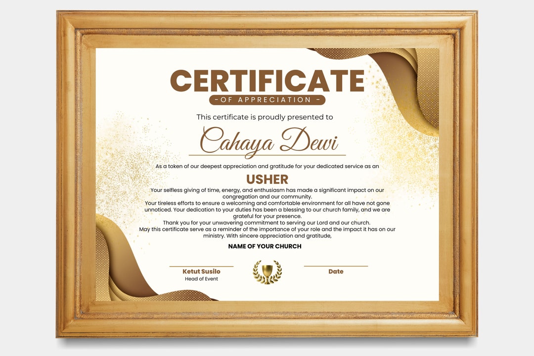 Customizable Usher Appreciation Certificate | Church Recognition Award ...