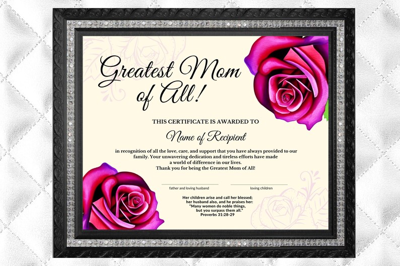 Printable Greatest Mom Certificate of Recognition, Mother's Day Gift ...