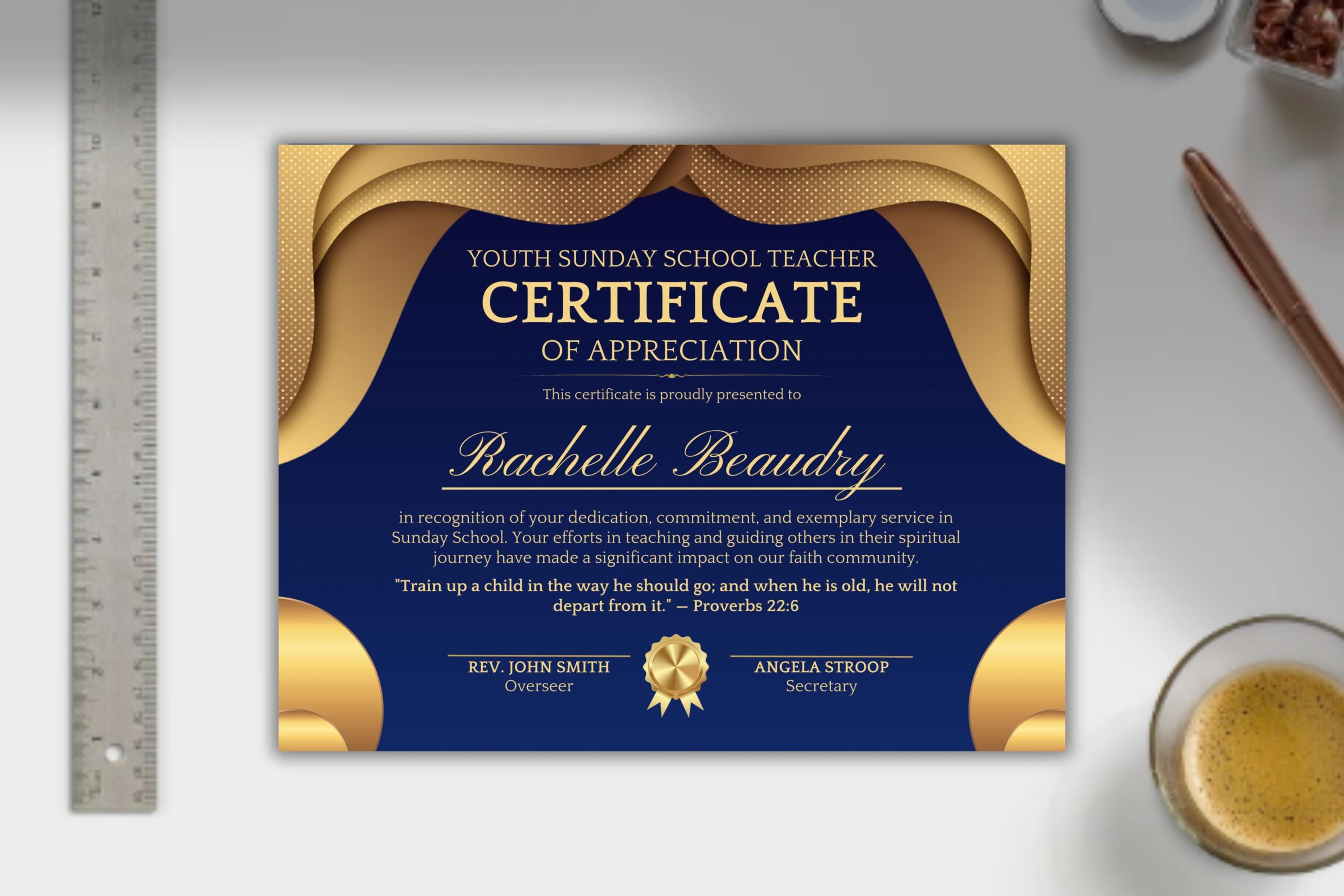 Sunday School Certificate of Appreciation | Gold Blue Purple (instant ...