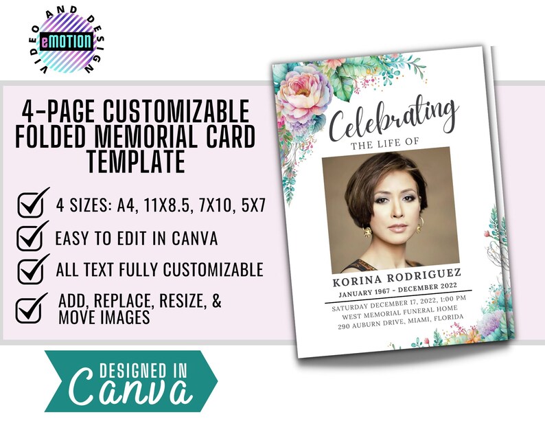 Floral Memorial Foldable Card Template, 4-page Editable Memorial ...