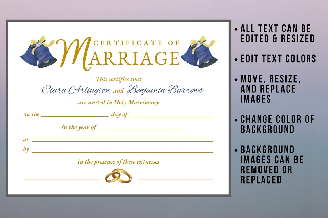 Editable Marriage Certificate Template: Wedding Bells Design (canva) - Etsy