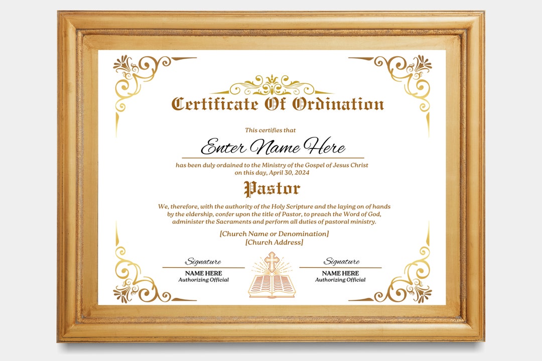 Editable Pastor Ordination Certificate Template (digital Download) - Etsy