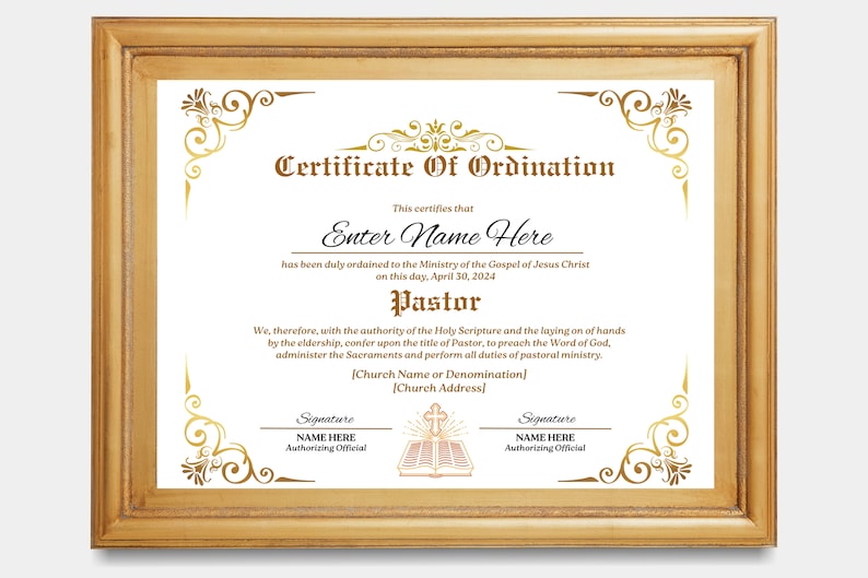 Editable Pastor Ordination Certificate Template (digital Download) - Etsy