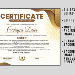 Customizable Usher Appreciation Certificate | Church Recognition Award ...