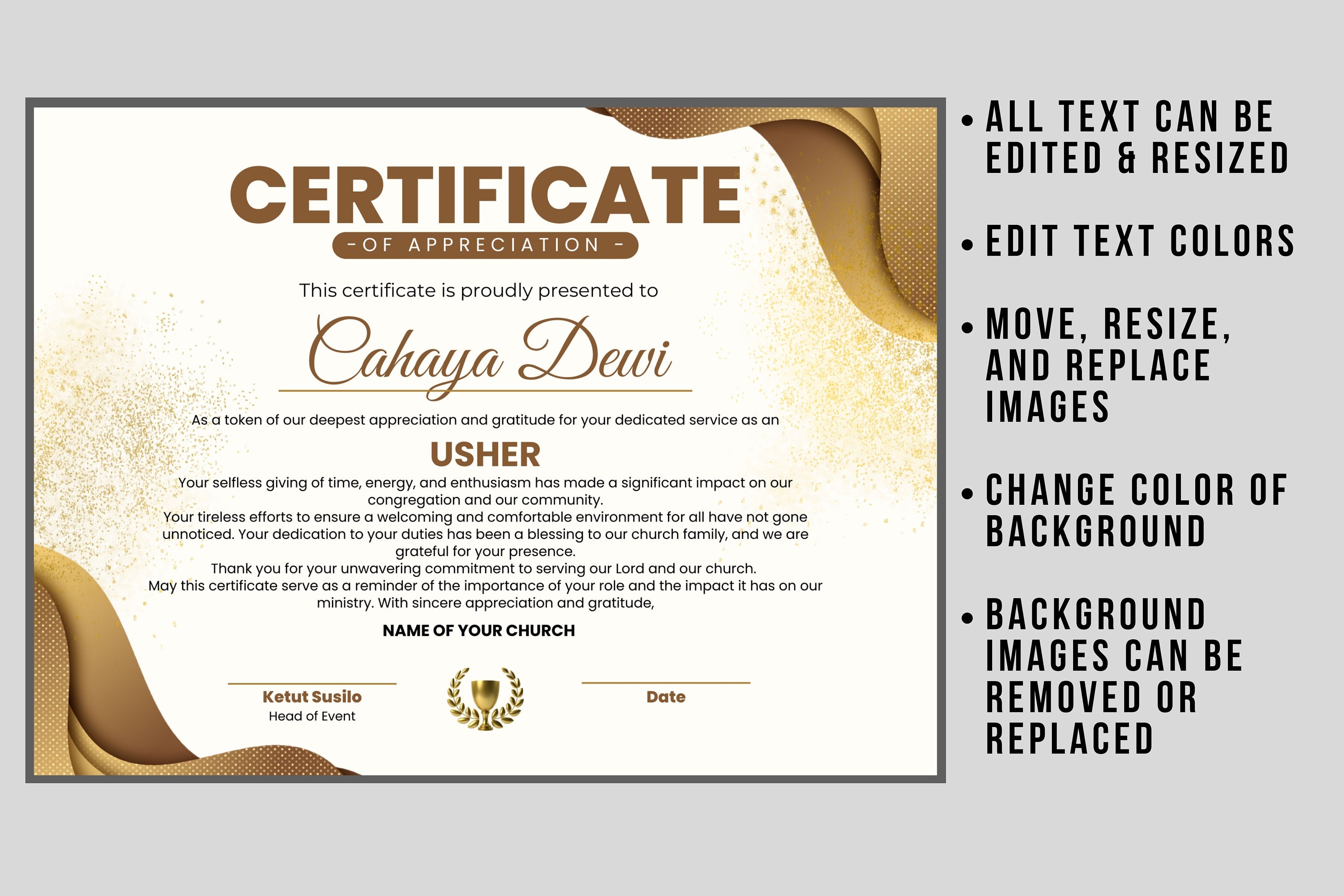 Customizable Usher Appreciation Certificate | Church Recognition Award ...