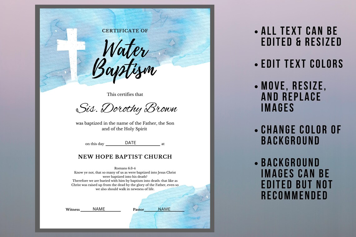 Editable Water Baptism Certificate for Baptism Ceremony With Sample ...