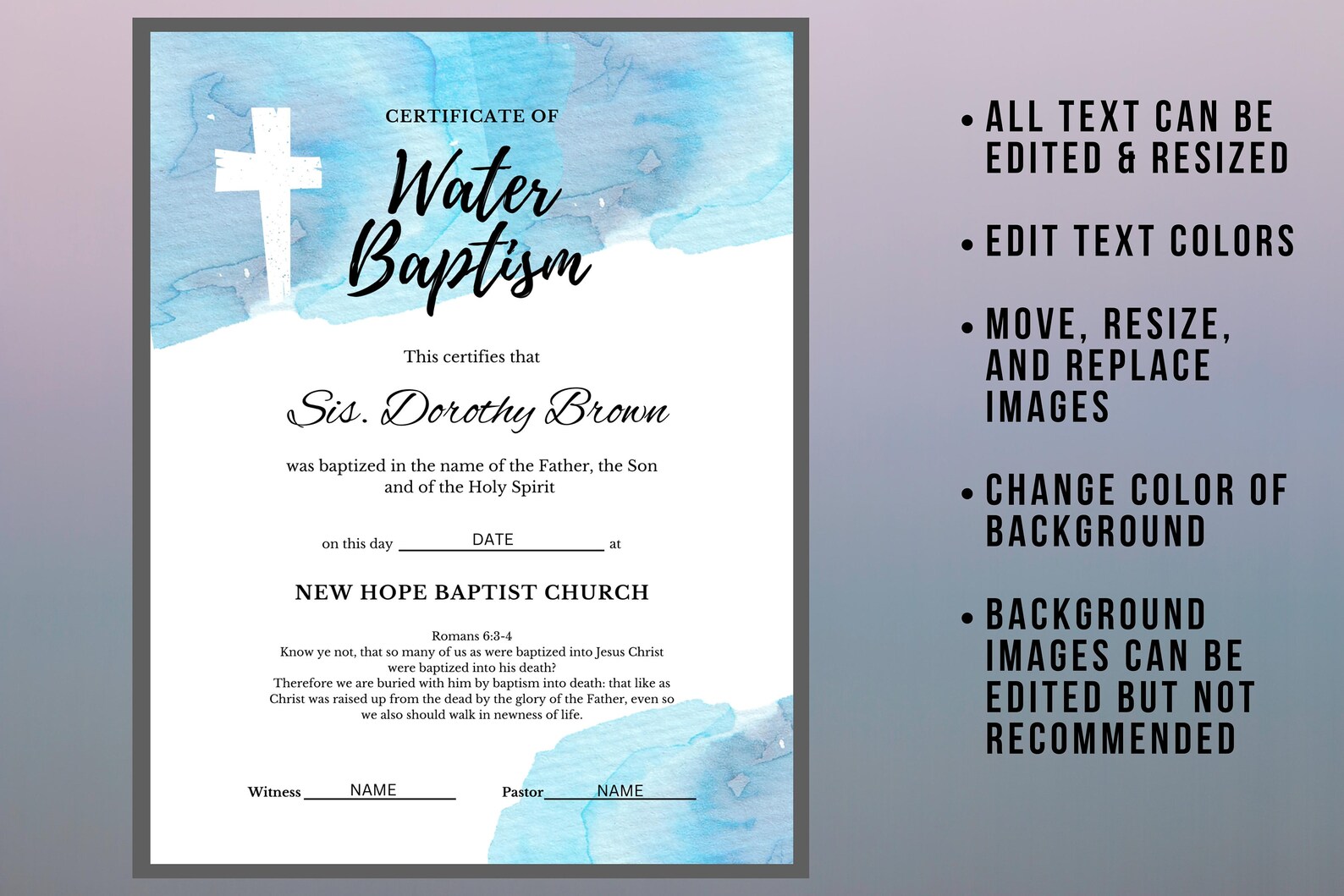 Editable Water Baptism Certificate for Baptism Ceremony With Sample ...