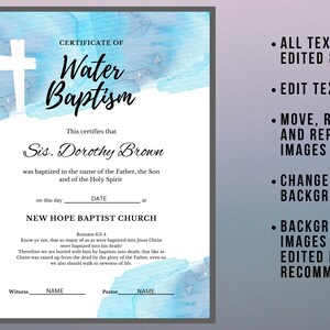 Editable Water Baptism Certificate for Baptism Ceremony With Sample ...
