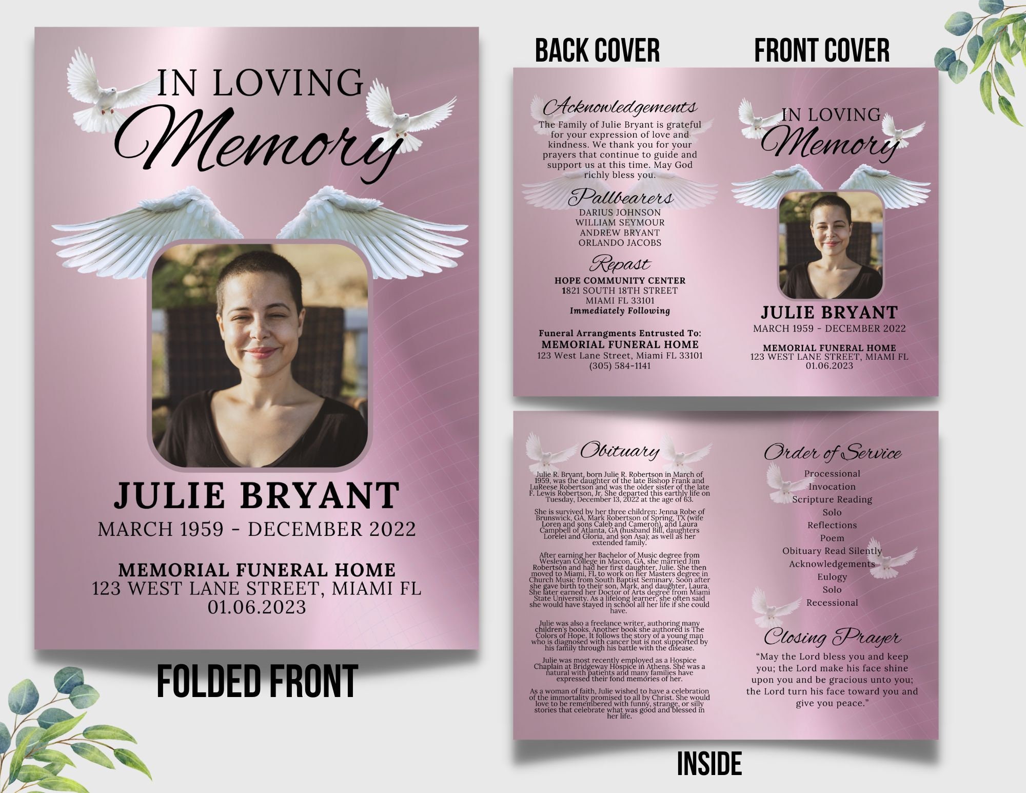Wings Memorial Foldable Card Template, 4-page Editable Memorial Service ...