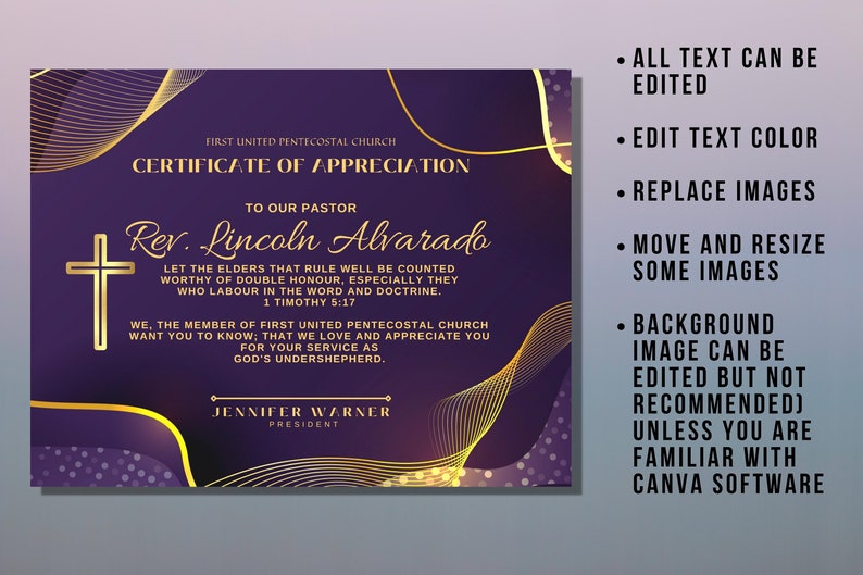 Editable Church Appreciation Certificate Template: Elegant Award (canva ...