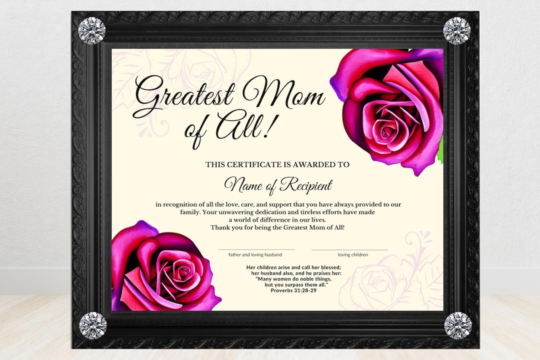 Printable Greatest Mom Certificate of Recognition, Mother's Day Gift ...