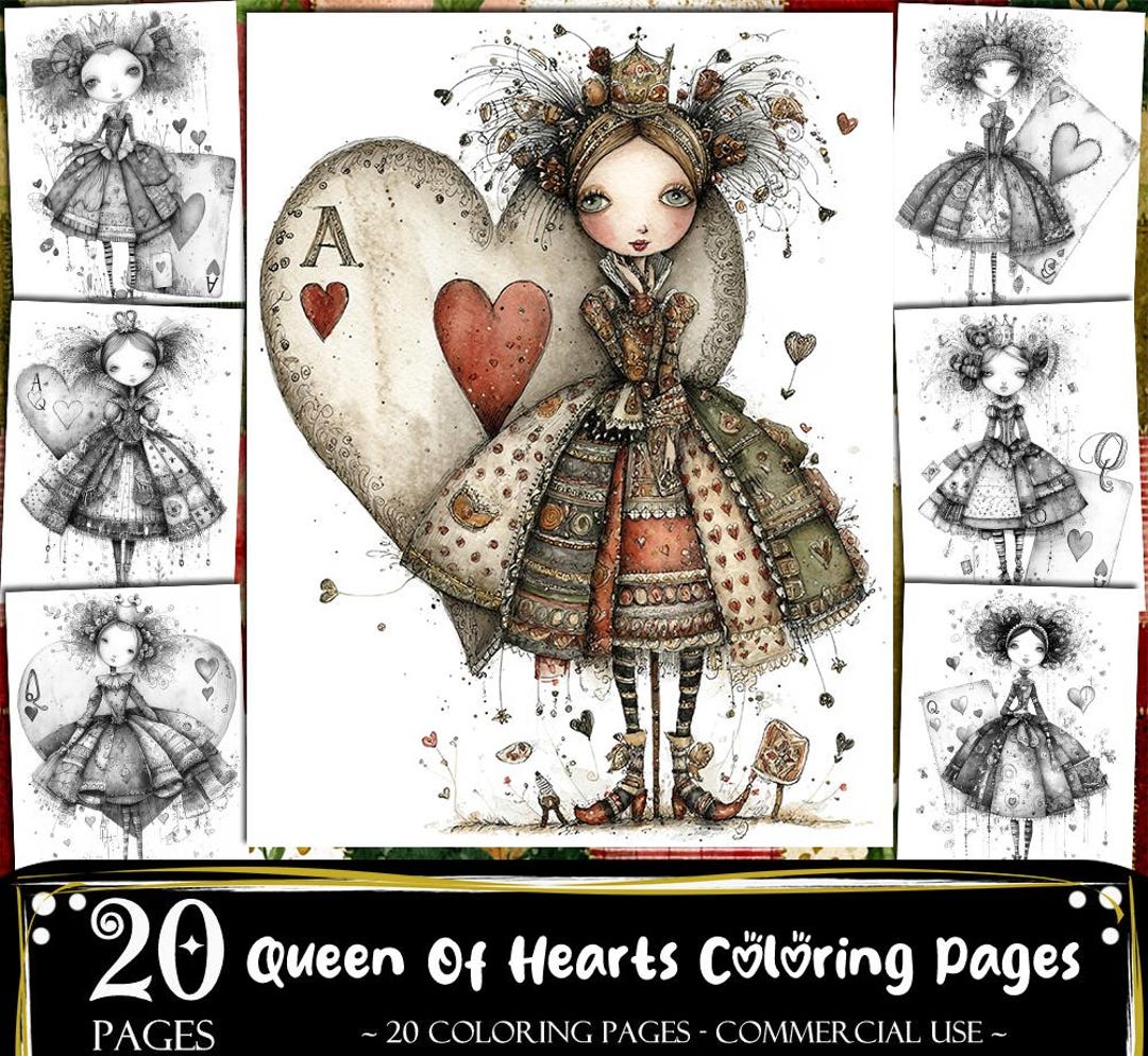Queen of Hearts Coloring Pages, Adults and Kids Coloring Book, Coloring ...