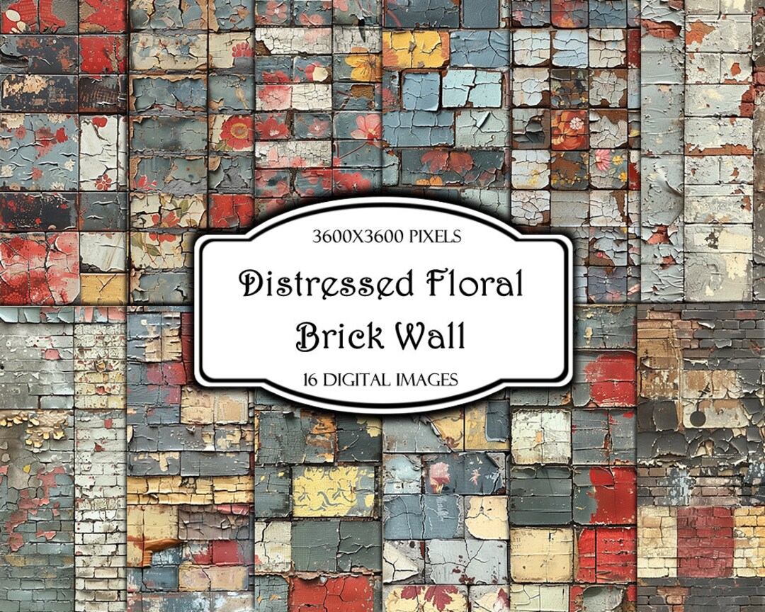 Distressed Floral Brick Wall Papers, Digital Papers, Printable Papers ...